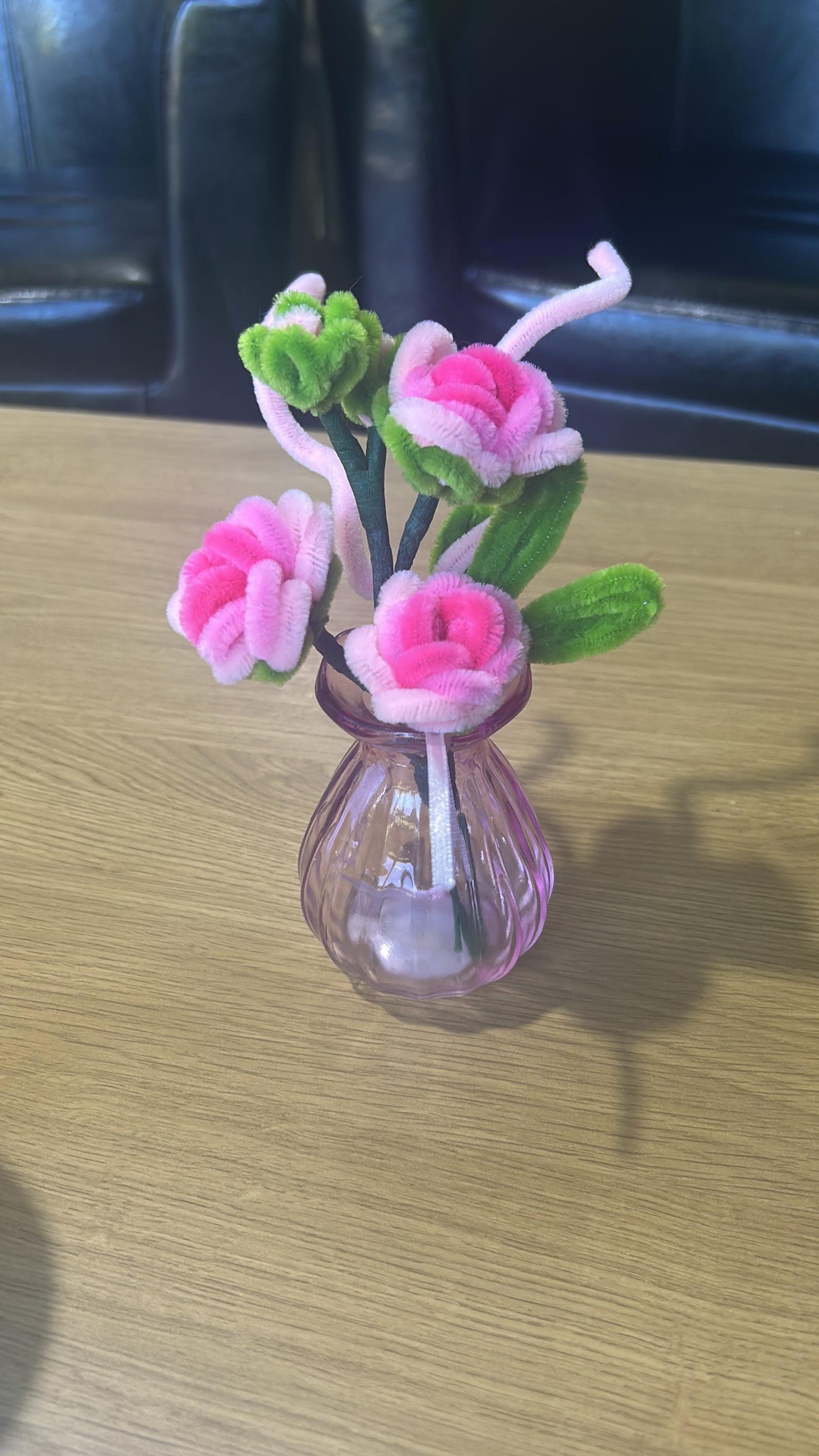 Pink Rosebush Pipe Cleaner Arrangement | Pink Glass Vase | Handmade ...