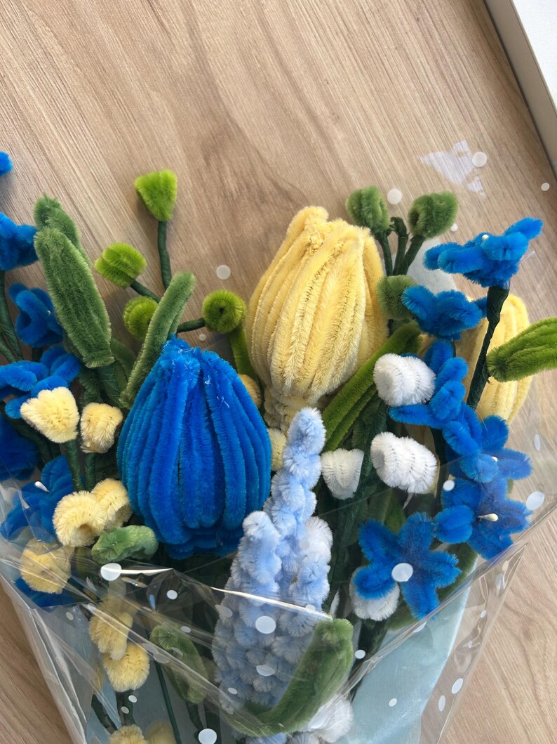 Pipe Cleaner Flower Bouquet Handmade Blue, Yellow & Green Flowers ...