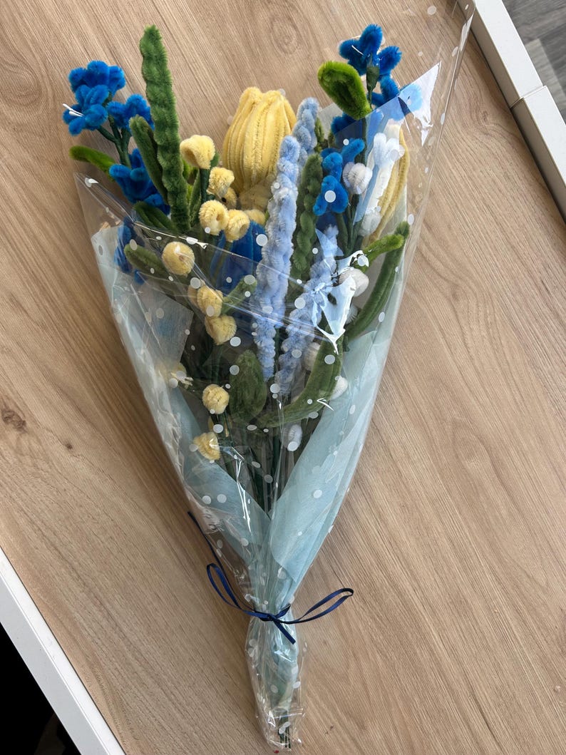 Pipe Cleaner Flower Bouquet Handmade Blue, Yellow & Green Flowers ...