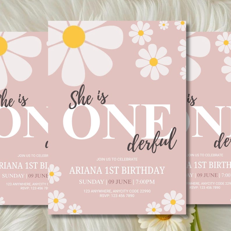 Editable Daisy 1st Birthday Invitation, Onederful Party Invite, Pink ...