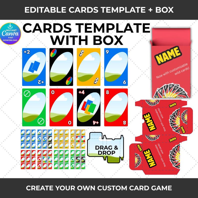 UNO Card Template Editable Canva Playing Cards, Custom Game Card Deck ...