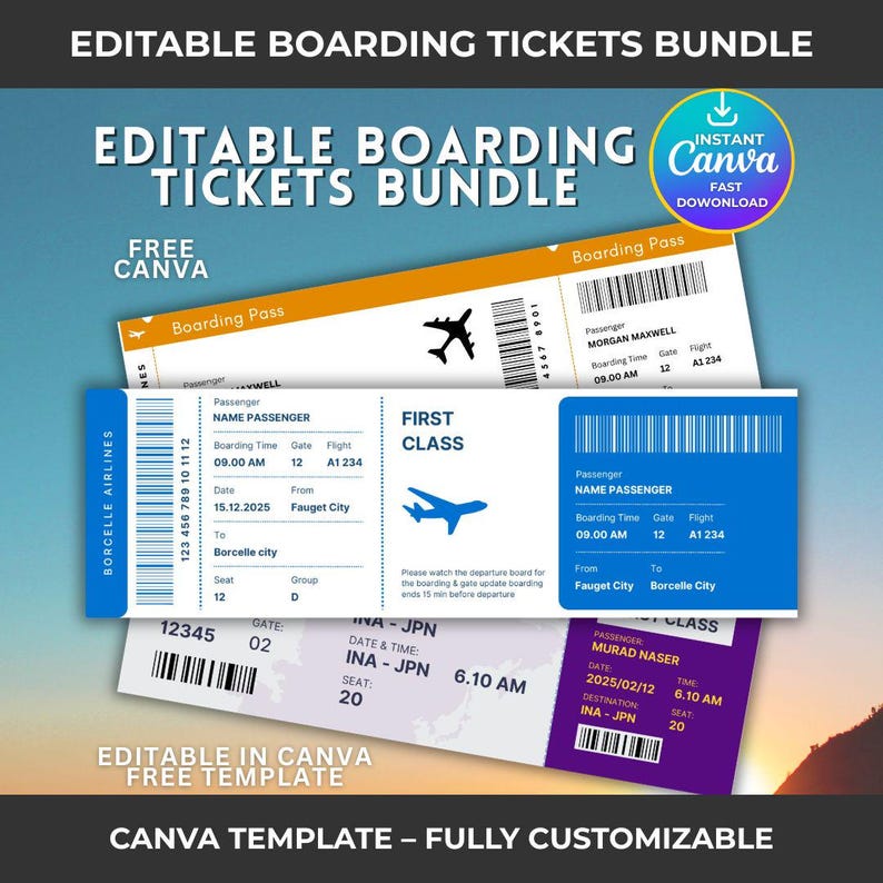 Editable Boarding Pass Canva Template, Printable Airline Ticket ...