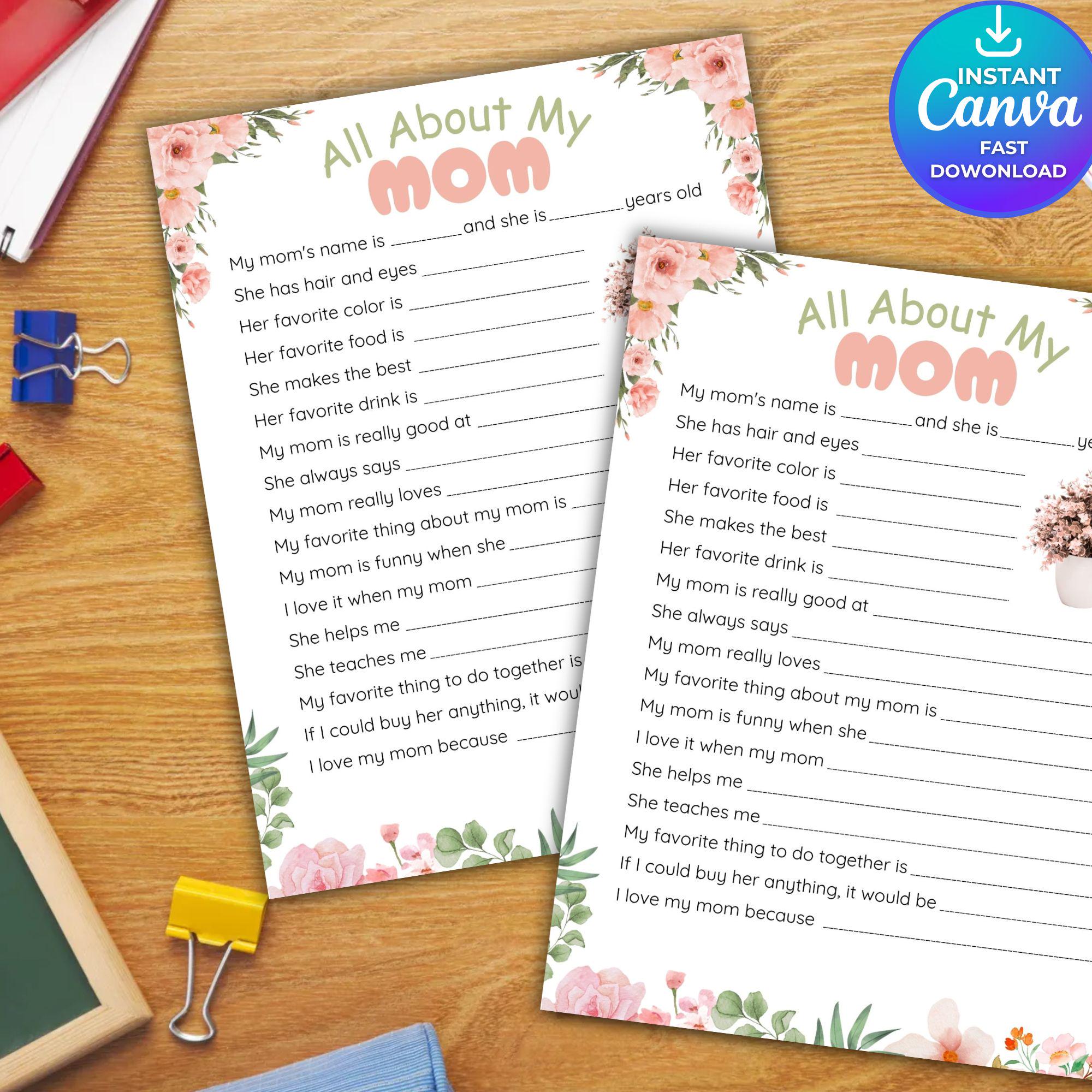 All About My Mom Printable for Kids, Mother's Day Questionnaire, Mom ...