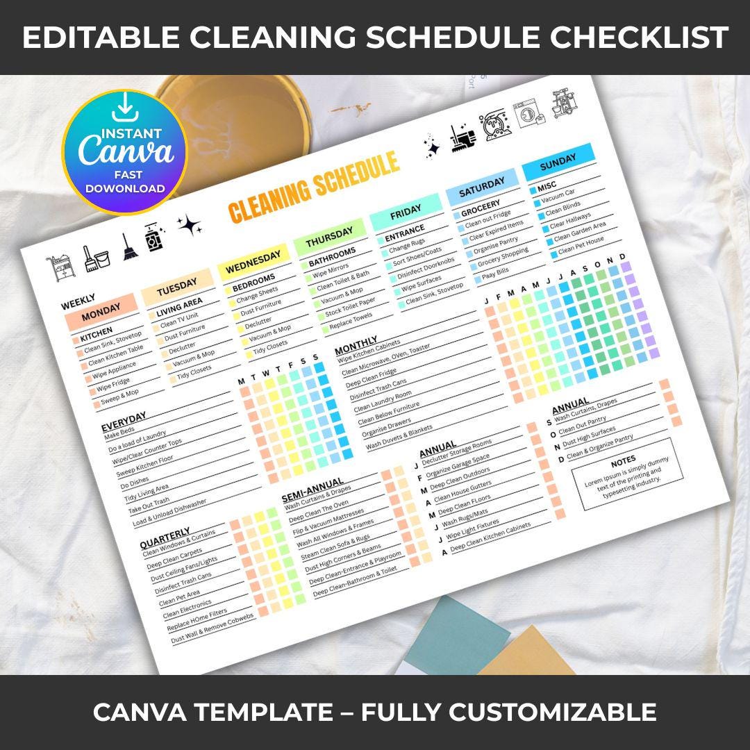 Editable Cleaning Schedule Checklist,adhd Home Cleaning Planner Daily ...