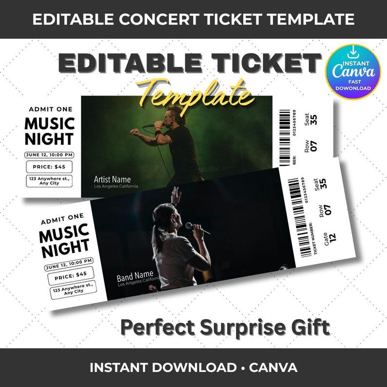 Editable Concert Ticket Canva, DIY Tickets Template, Printable Custom ...