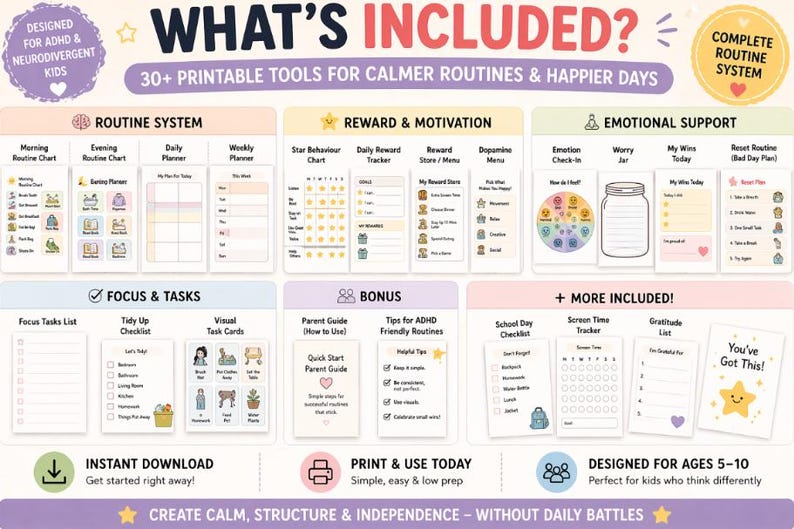 ADHD Morning Routine Chart for Kids Printable PDF, Visual Schedule ...