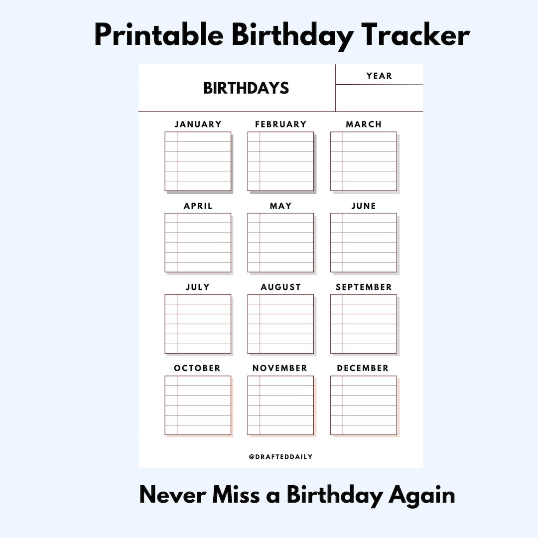 Birthday Tracker Printable Template — Calendar & Reminder Planner PDF ...