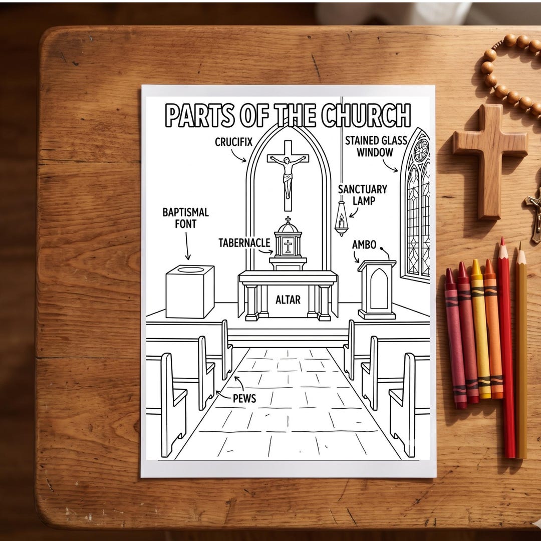 Bilingual Parts of the Church Coloring Page | Catholic Kids Printable ...