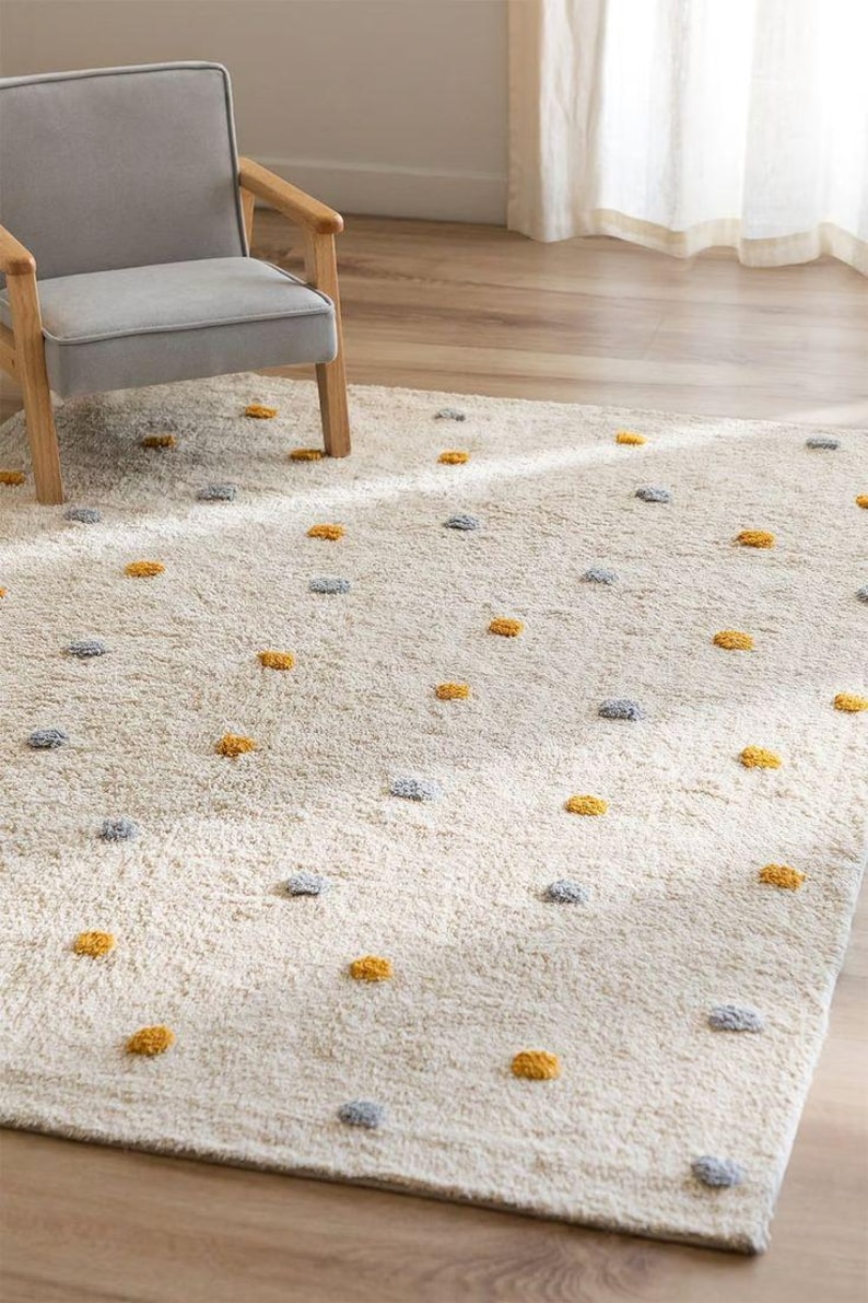 Cream Tufted Polka Dot Rug, Mustard Grey Accent Carpet, Modern Nursery ...