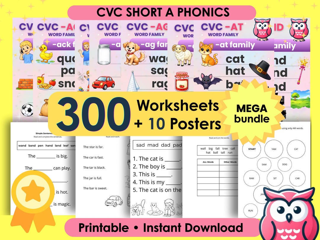 CVC Short A Phonics Bundle | 300 Worksheets + 10 Word Family Posters ...