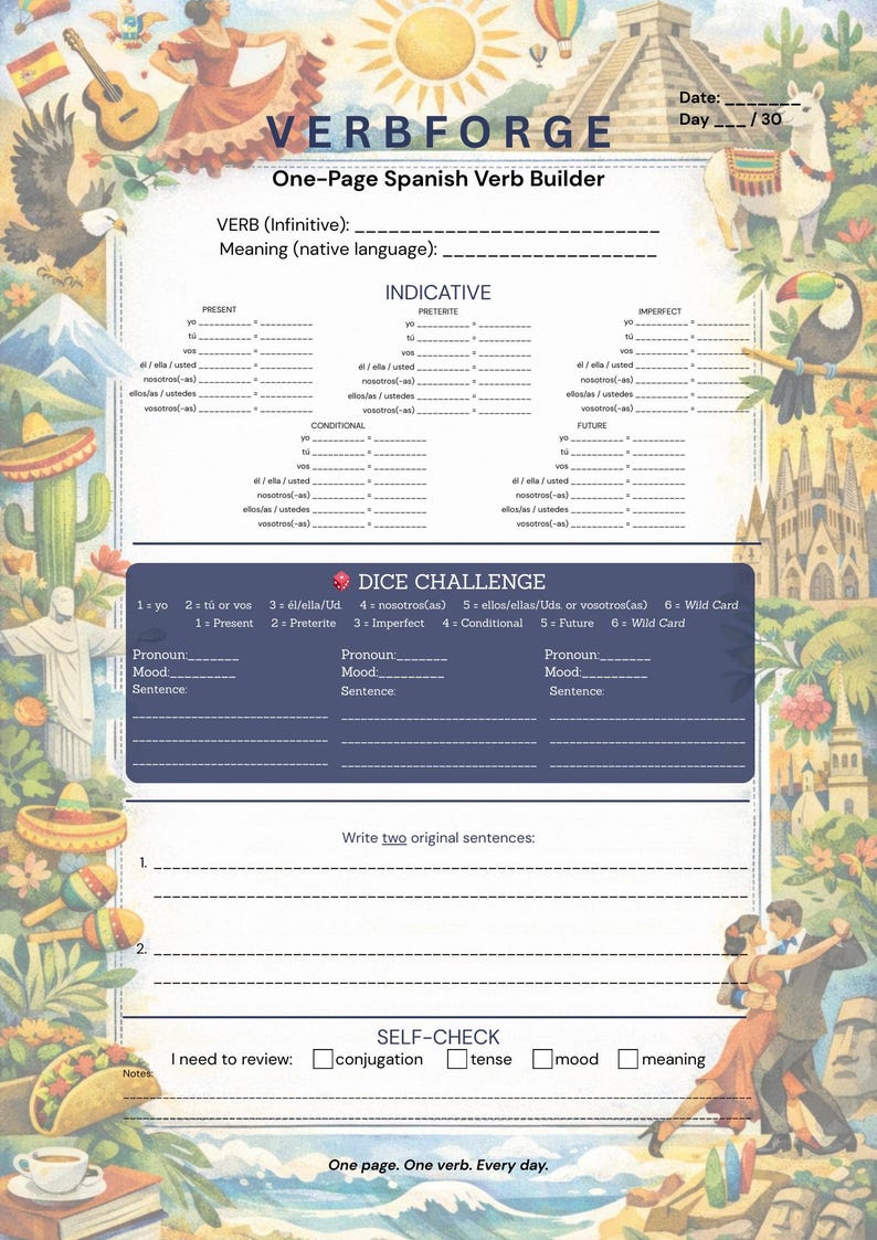 Verbforge Spanish Verb Worksheet - Etsy