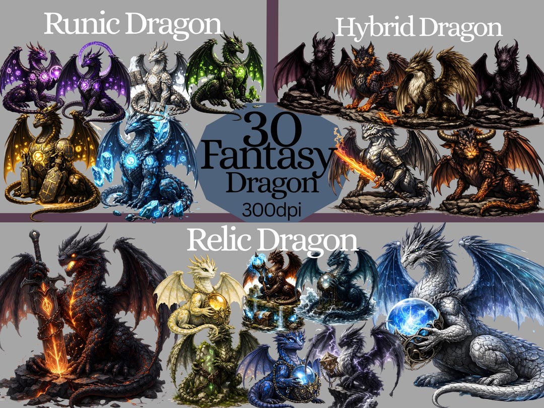 Fantasy Dragon Clipart PNG Bundle, Watercolor Magical Creatures for ...