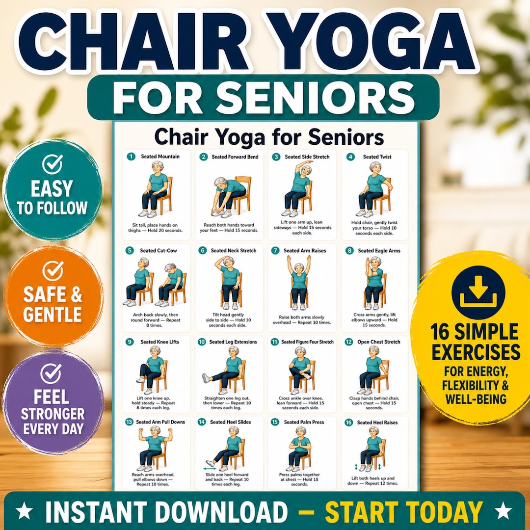 Chair Yoga for Seniors Printable PDF, Seated Yoga Chart With 16 Gentle ...