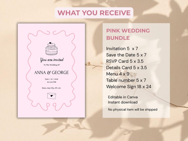 Editable Pink Wedding Invitation Template Bundle, Canva Wedding Suite ...