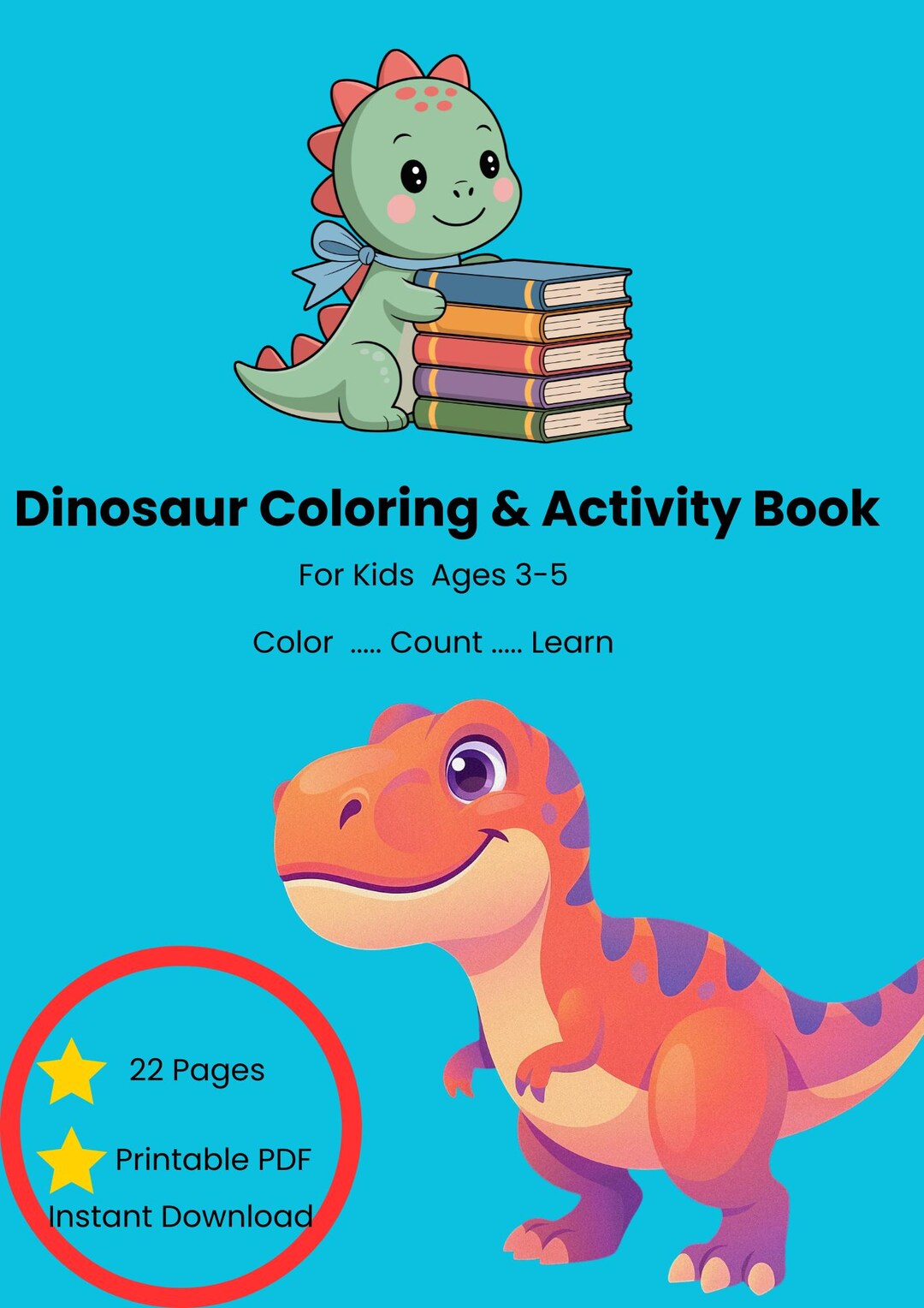 Dinosaur Coloring & Activity Book Printable PDF | Kids 3-5 | Instant ...