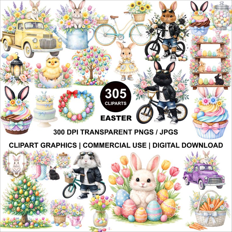 Easter Clipart Mega Bundle, Easter Bunny PNG, Spring Floral Graphics ...
