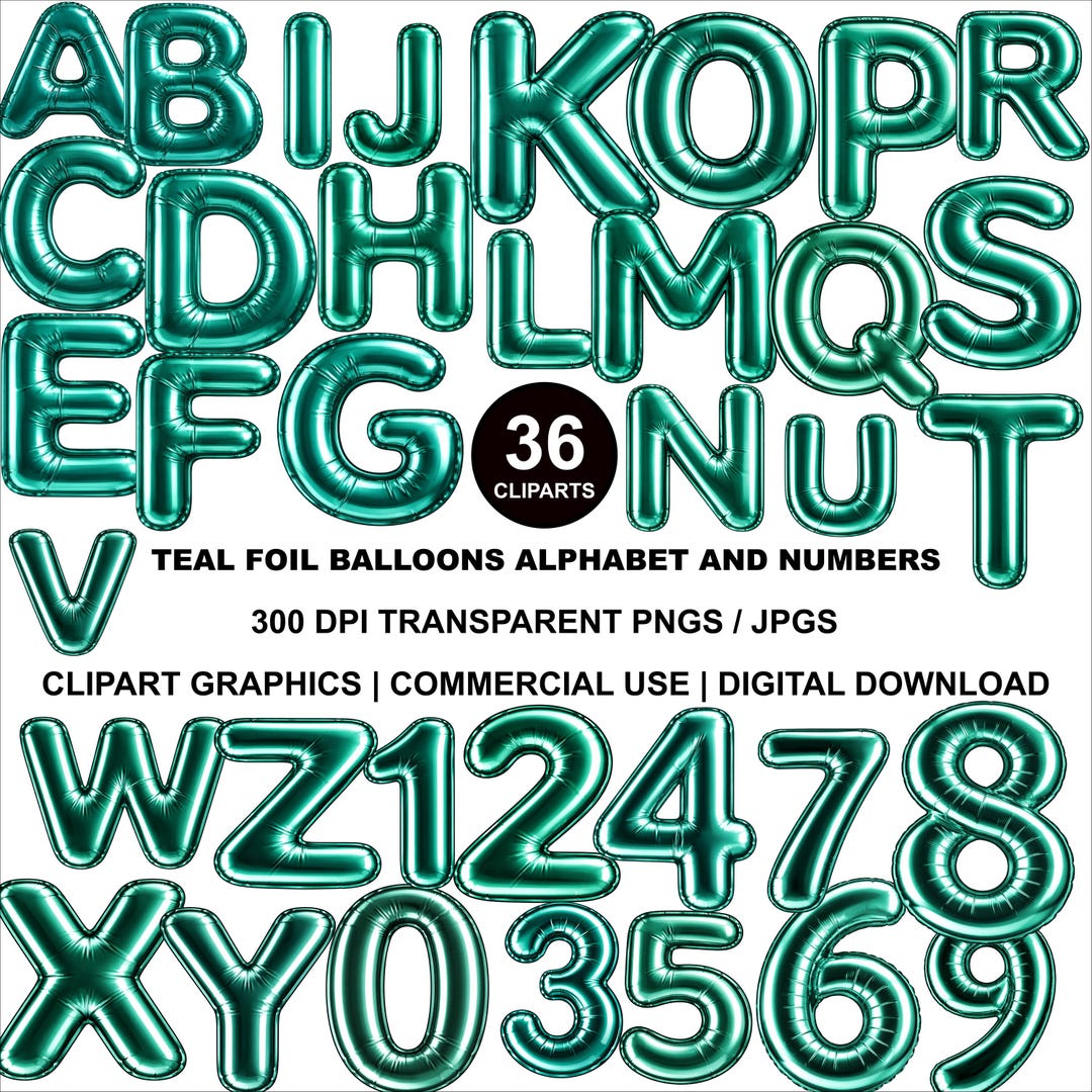 Teal Foil Balloon Style Alphabet and Numbers, Teal Foil Balloon ...