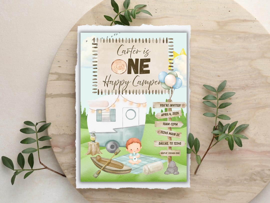 Outdoor Woodlands “one Happy Camper” Little Boy Birthday Invitation ...