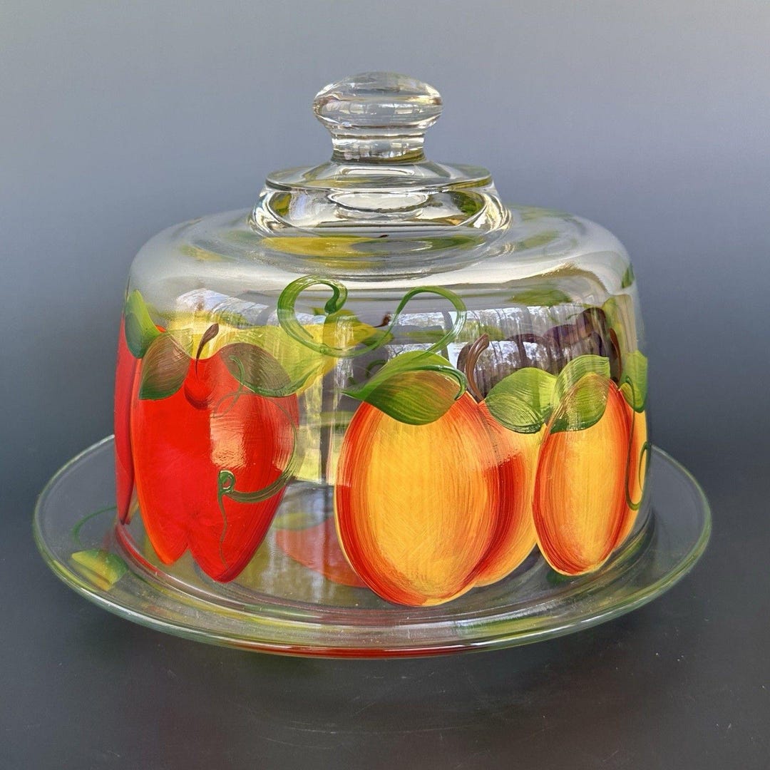Vintage Hand Painted Glass Cheese Cloche Dome With Plate - Fruit Motif ...