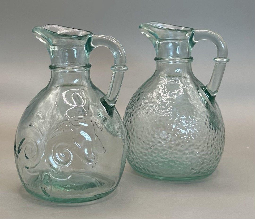 Vintage Teal Green Glass Cruet Mini Pitcher Etched Floral Design Canada ...