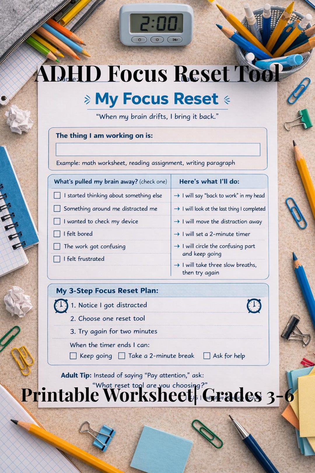 ADHD Focus Reset Worksheet for Kids | Executive Function Tool (grades 3 ...