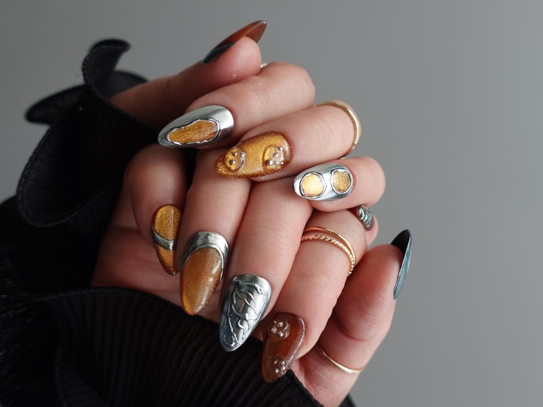 Gold Chrome Press on Nails Metallic Amber Nails Luxury Statement Nails ...