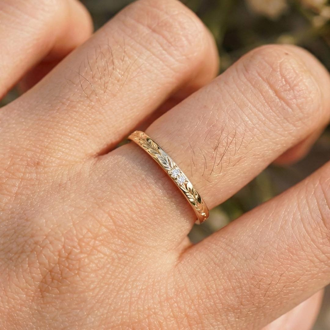 2.2MM Solid Gold Birth Flower Ring Natural Inspired Leaf Wedding Band ...