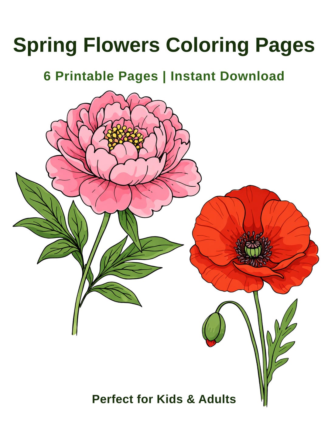 Spring Flowers Coloring Pages Printable, Floral Coloring Sheets, Peony ...