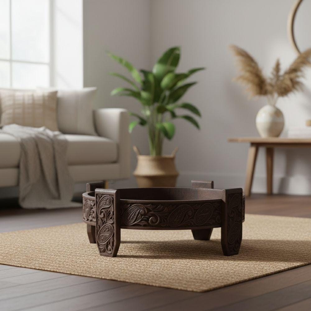 Hand Carved Paisley Wooden Chaki Table, Ethnic Round Low Floor Table ...
