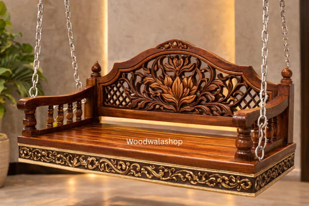 Hand Carved Wooden Jhula Swing | Indian Hanging Swing | Steel Chain ...