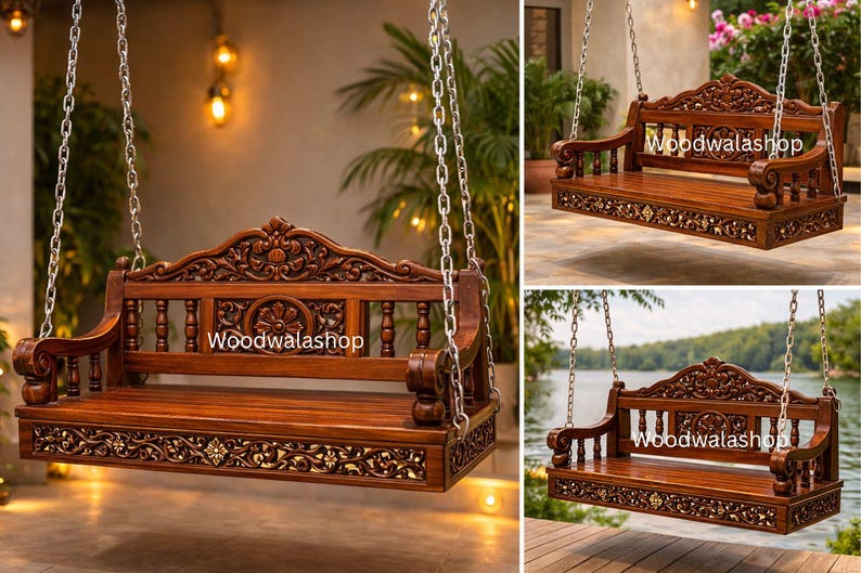Handcrafted Wooden Jhula Swing | Indian Carved Hanging Swing | Steel ...