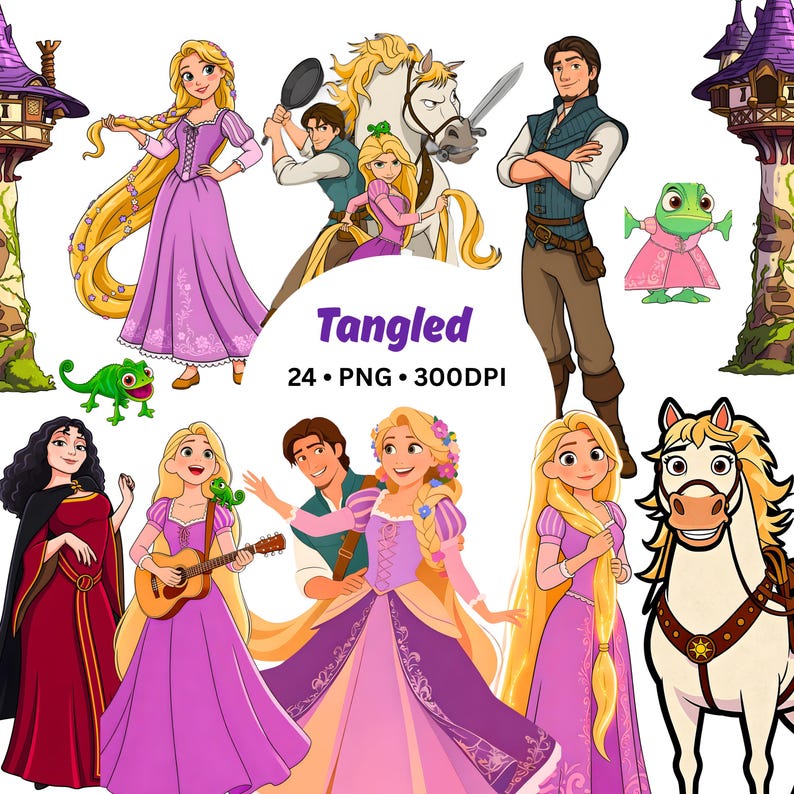 Rapunzel Tangled Clipart Bundle, Pascal, Maximus, Fairytale Tower PNG ...