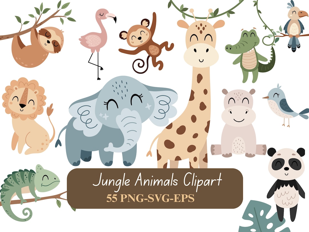 55 Jungle Animals Clipart Bundle PNG SVG EPS, Watercolor Jungle Animal ...