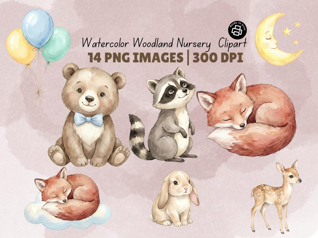 Watercolor Woodland Nursery Animals Clipart PNG, Baby Shower Clipart ...