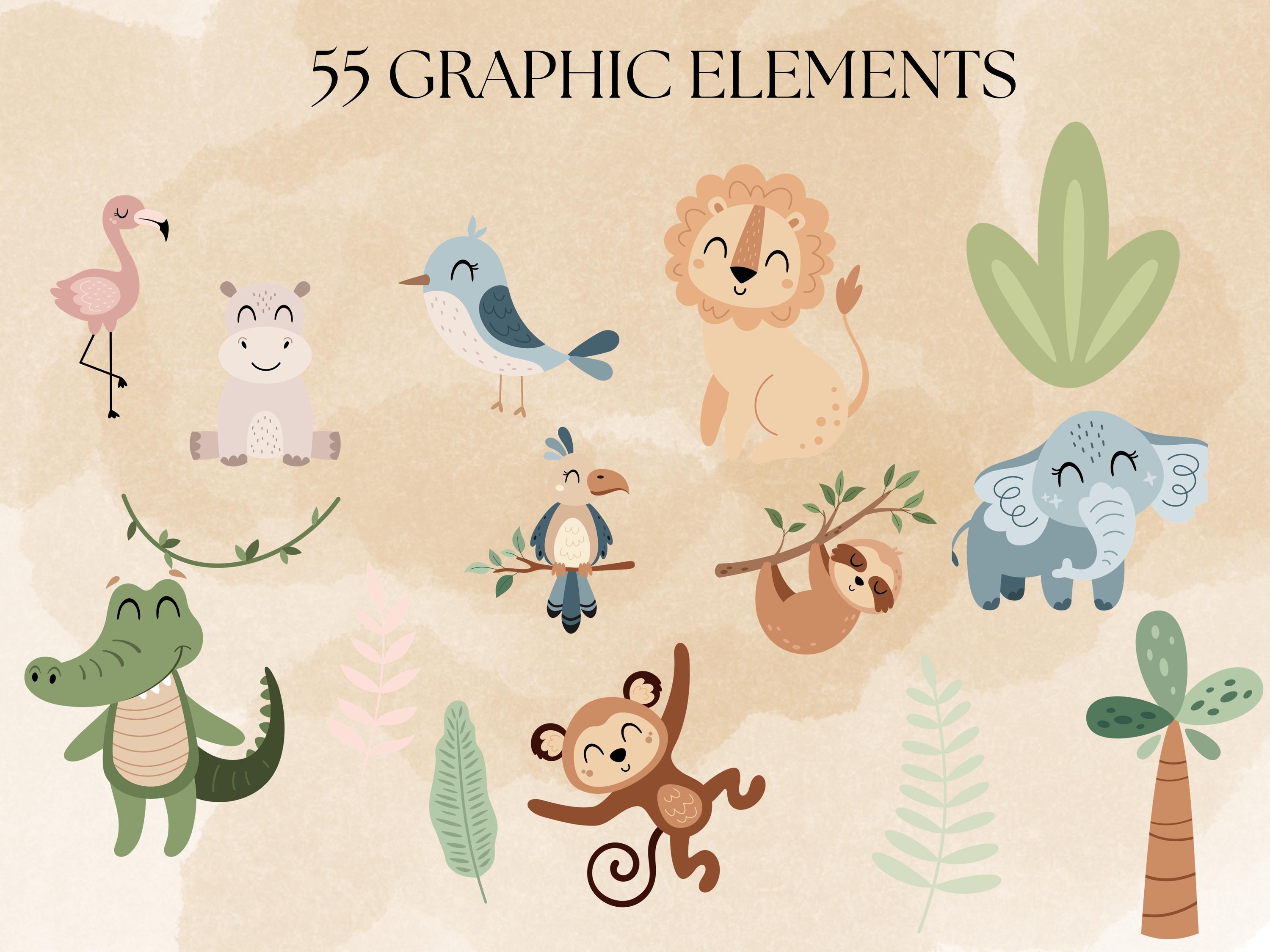 55 Jungle Animals Clipart Bundle PNG SVG EPS, Watercolor Jungle Animal ...