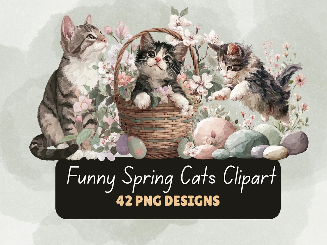 Whimsical Spring Cats Clipart Bundle, Cute Kitten PNG, Watercolor Cat ...