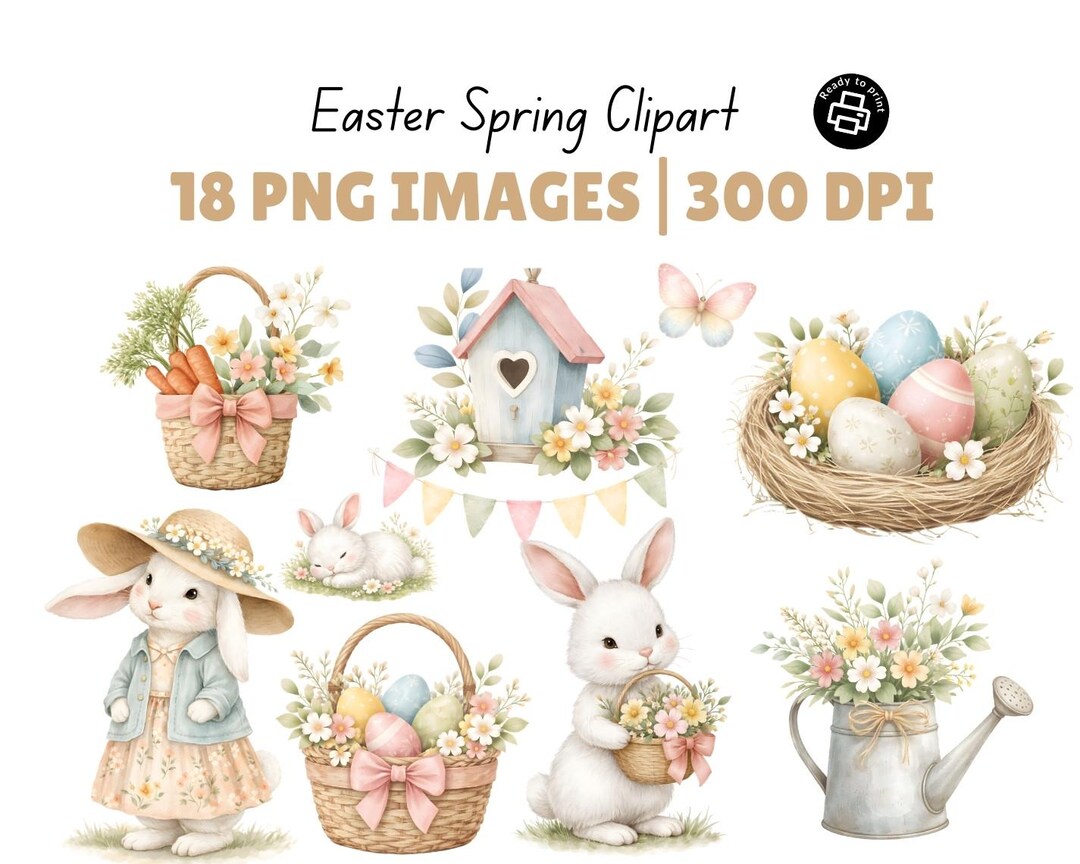 Watercolor Easter Spring Clipart Bundle, Floral Bunny PNG, Pastel Eggs ...