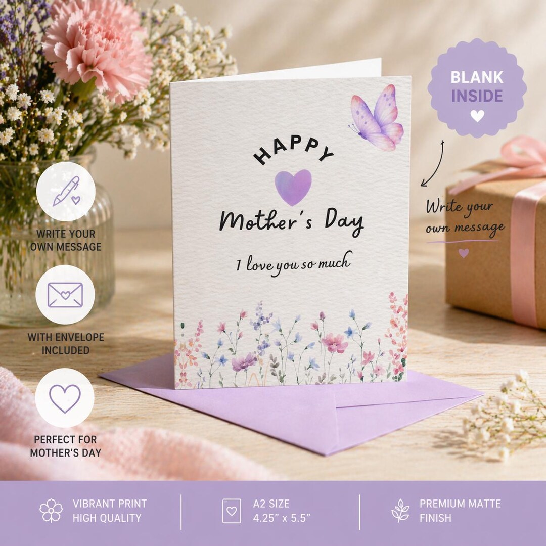 Mothers Day Card, Custom Watercolor Floral Greeting Card, Butterfly ...