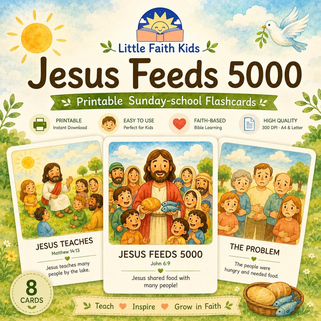 Bible Flashcards Printable - Jesus Feeds 5000 - Sunday School Toddler ...