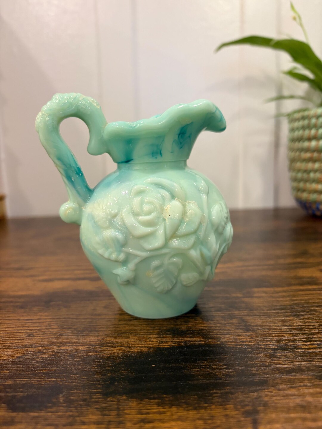Vintage Avon Jadeite Green Milk Glass Pitcher Vase | Roses Relief ...