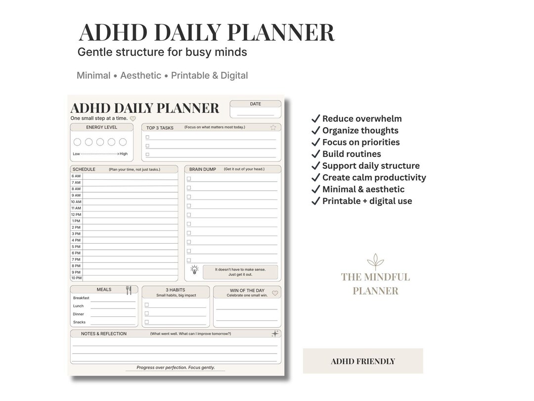 ADHD Daily Planner | Gentle Structure, Focus, Productivity (printable ...