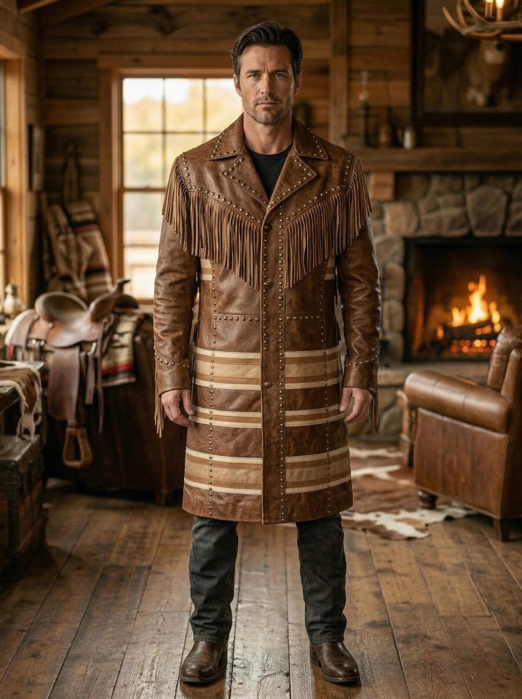 Men's Western Brown Leather Duster Coat – Embroidered Bull Head ...