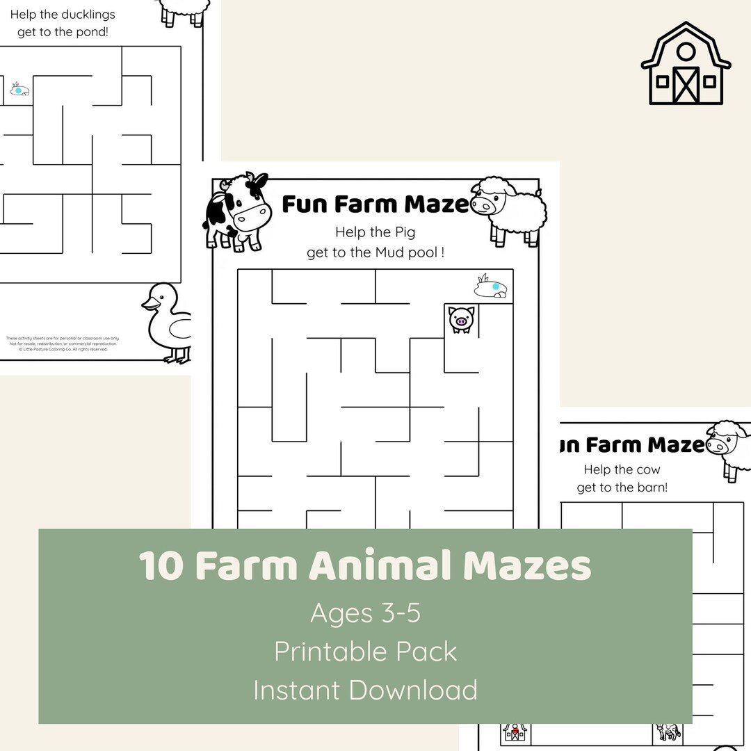 Farm Animal Mazes Activity Pack | Toddler Barnyard Puzzles (instant ...