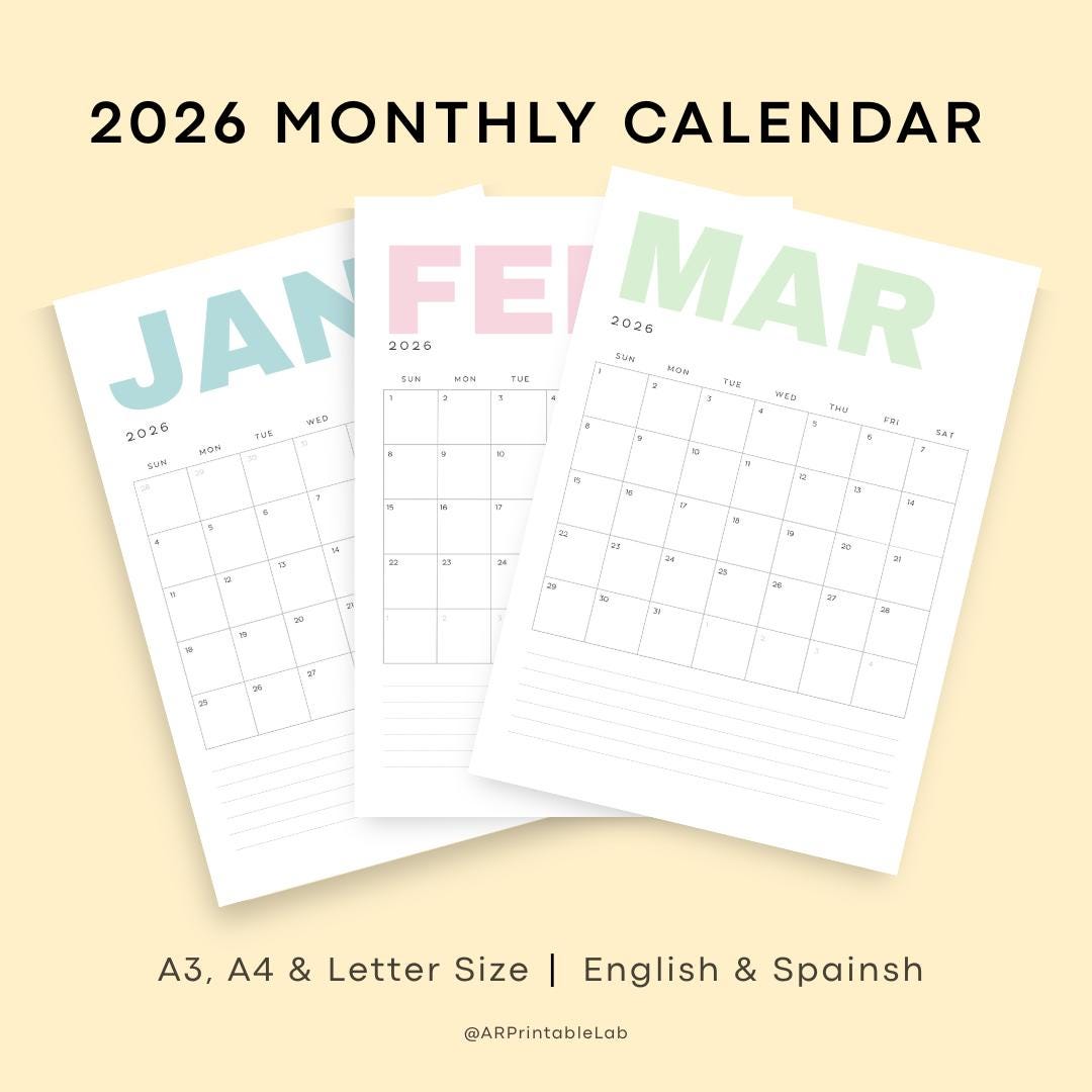 2026 Minimalist Calendar Printable • Simple Monthly Planner • Wall ...
