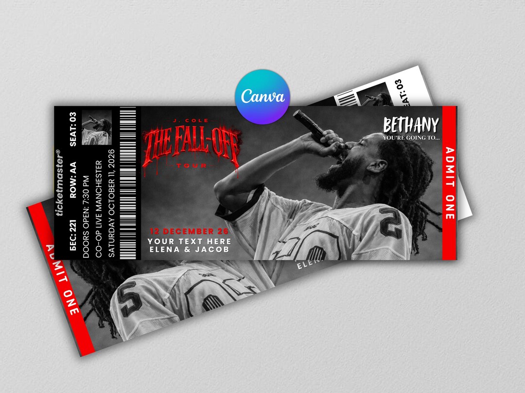 J Cole the Fall off Tour Ticket Template,2 in 1 Editable Concert Ticket ...