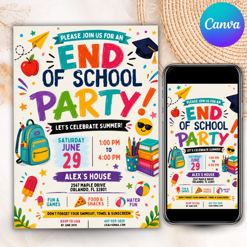 End of School Party Schools Out Party Invitation, End of School ...