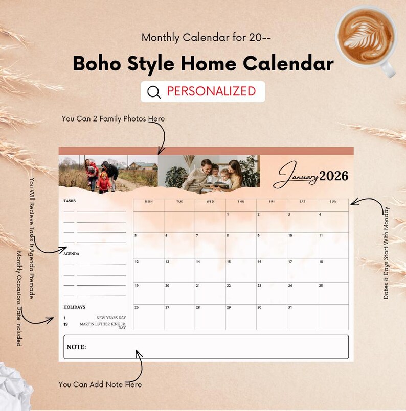 2026 Calendar 2026 Monthly Planner Landscape Boho Style Monthly ...