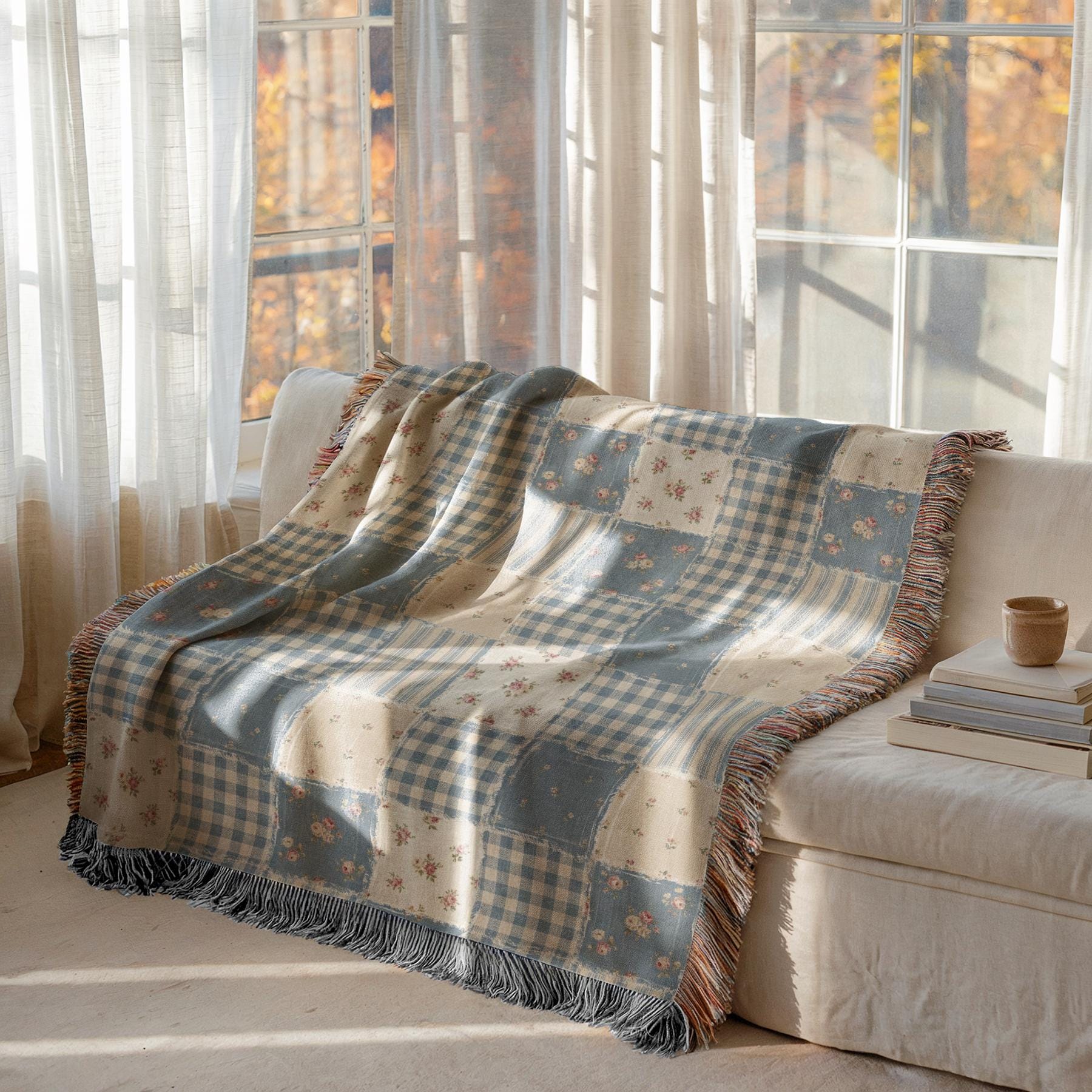 Farmhouse Faux Patchwork Woven Blanket, Shabby Chic Cottagecore Throw ...