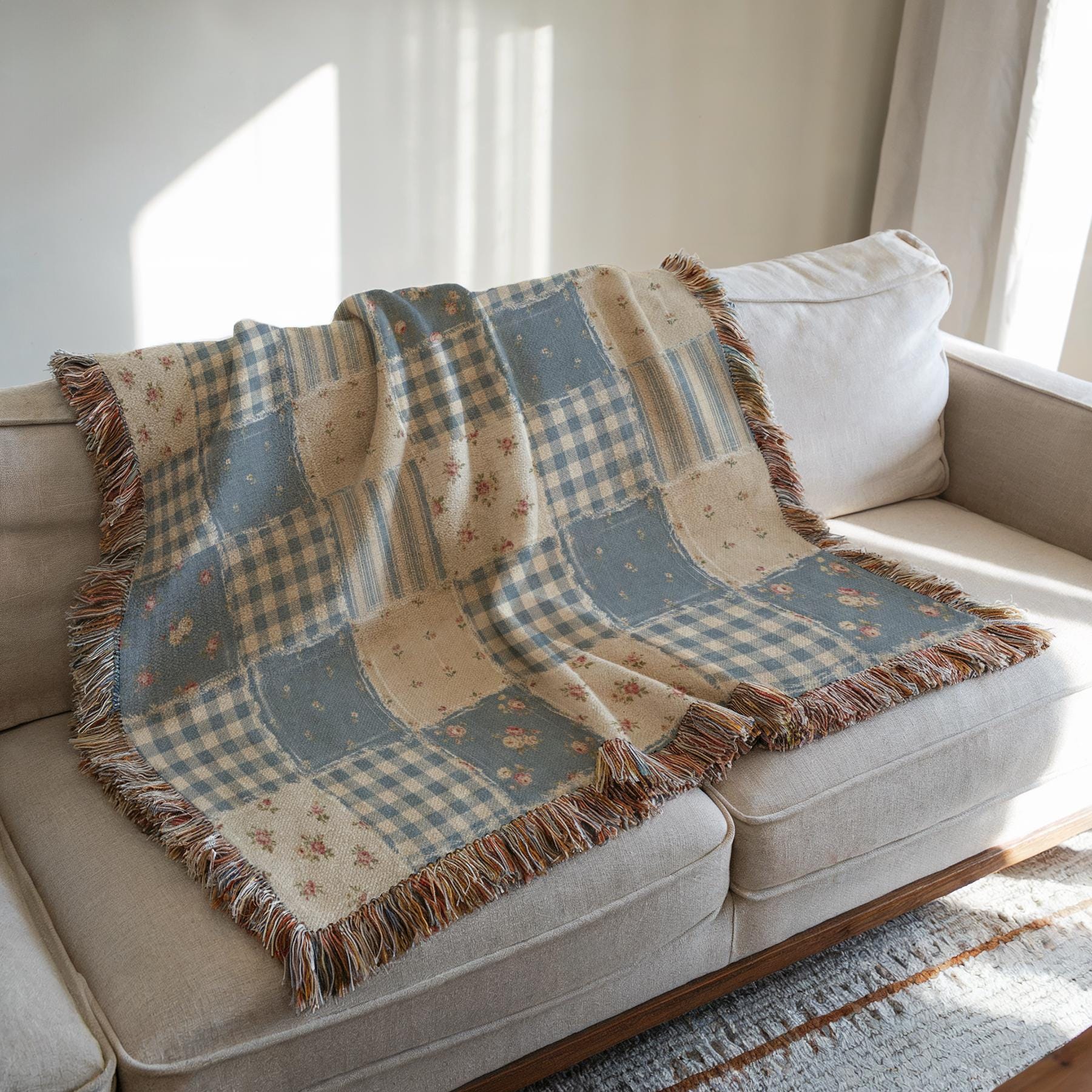 Farmhouse Faux Patchwork Woven Blanket, Shabby Chic Cottagecore Throw ...