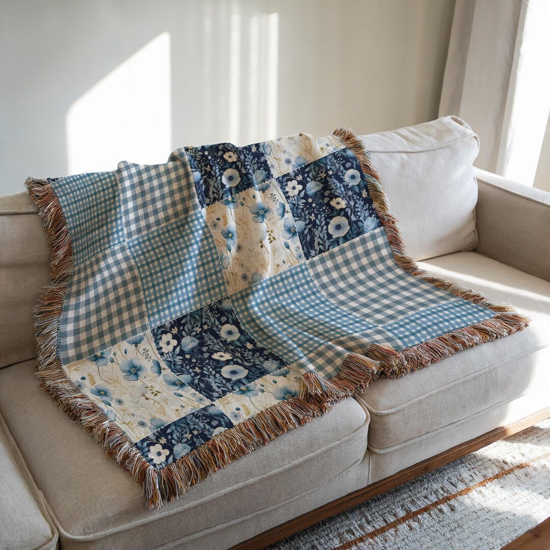 Farmhouse FAUX Patchwork Woven Blanket, Shabby Chic Cottagecore Throw ...